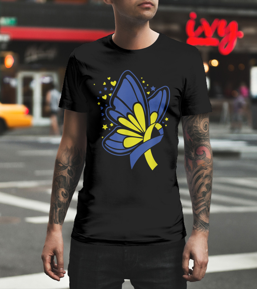 Butterfly T21 World Down Syndrome Awareness Day Ribbon Hearts And Stars T-Shirt