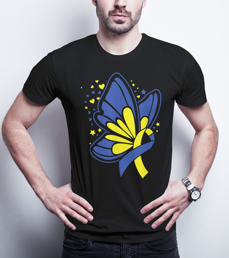 Butterfly T21 World Down Syndrome Awareness Day Ribbon Hearts And Stars T-Shirt