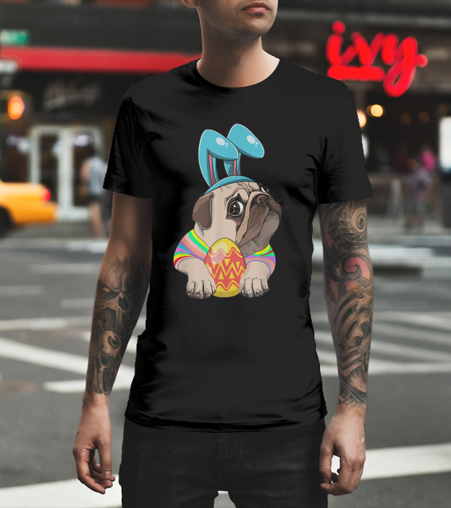 Cute Easter Pug With Bunny Ears Hugging Egg T-Shirt