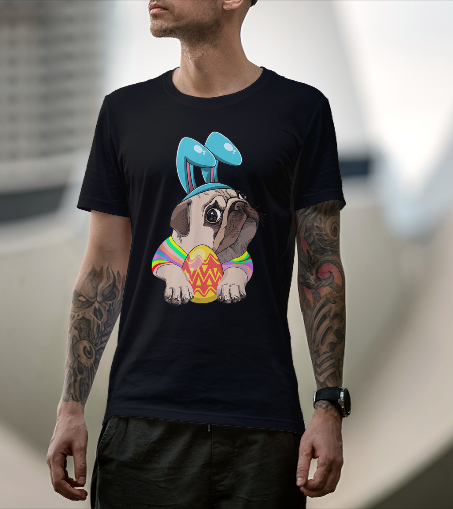 Cute Easter Pug With Bunny Ears Hugging Egg T-Shirt