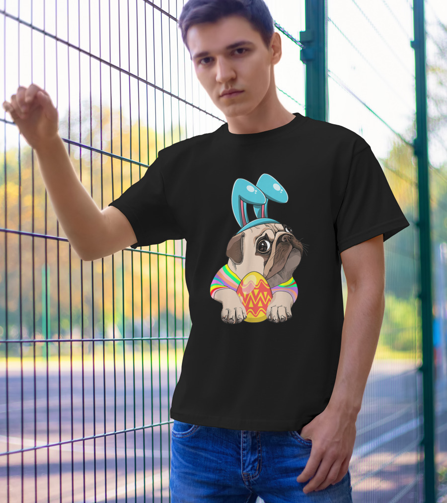 Cute Easter Pug With Bunny Ears Hugging Egg T-Shirt