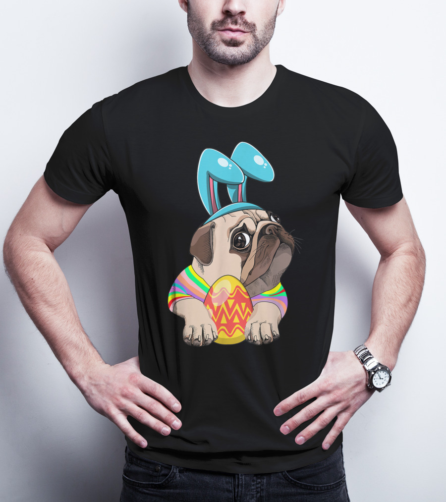 Cute Easter Pug With Bunny Ears Hugging Egg T-Shirt