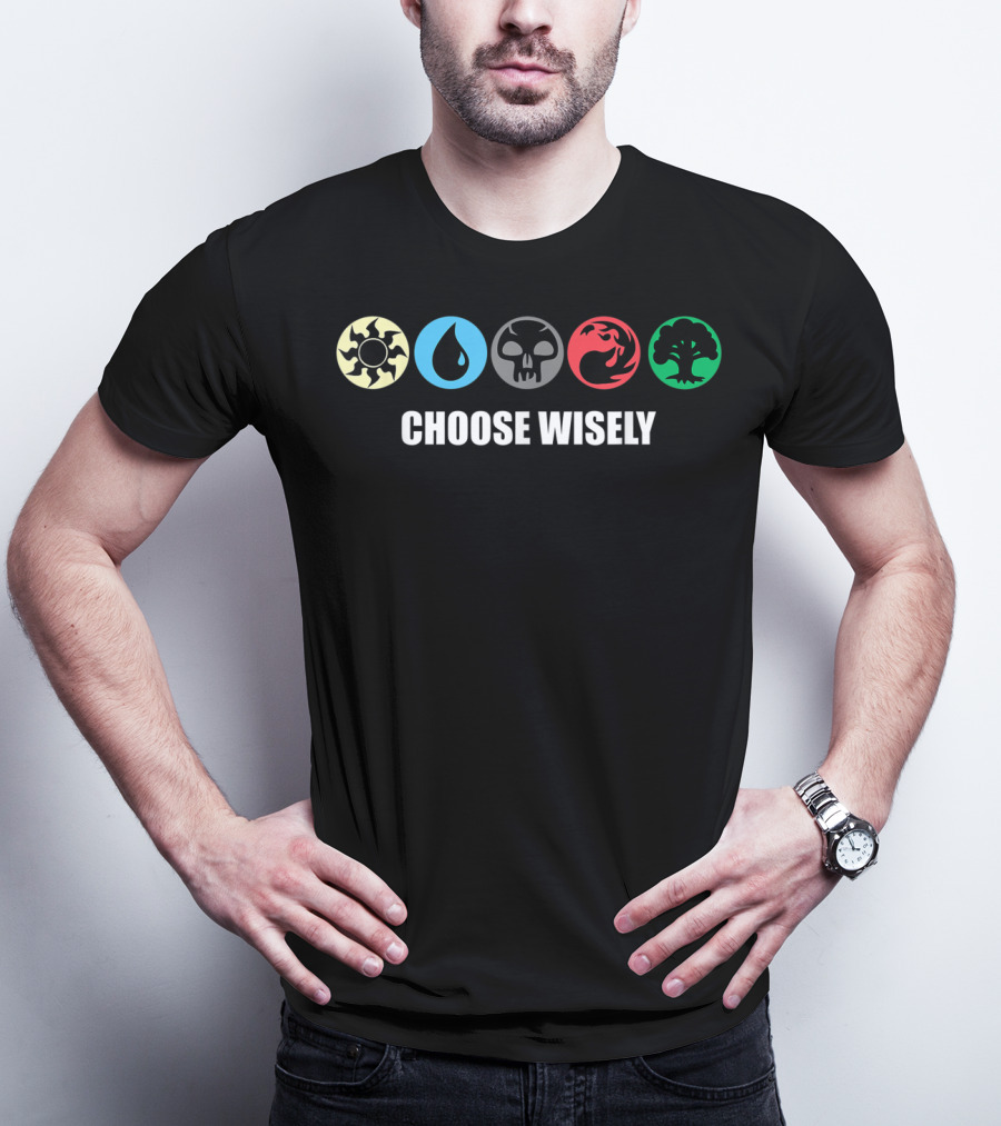 Mana Symbols Gathering Magic Choose Wisely Blue Red Green Iconic Fantasy Elements T-Shirt
