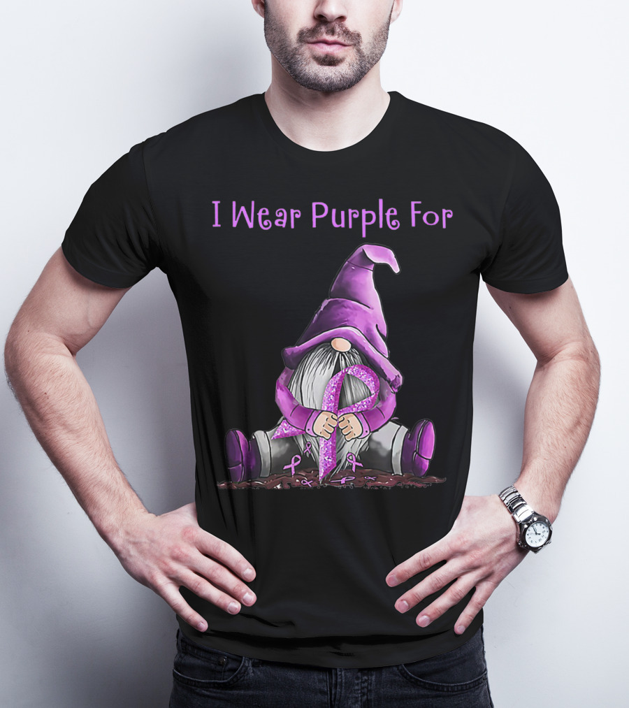 I Wear Purple For Fibromyalgia Awareness Gnome Holding Purple T-Shirt