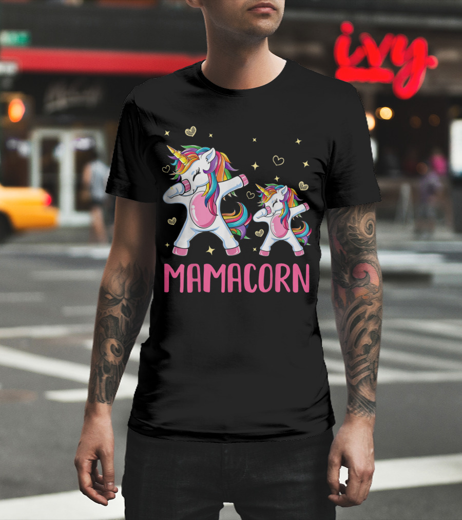 Colorful Dabbing Unicorns Mamacorn With Rainbow Hair And Hearts T-Shirt