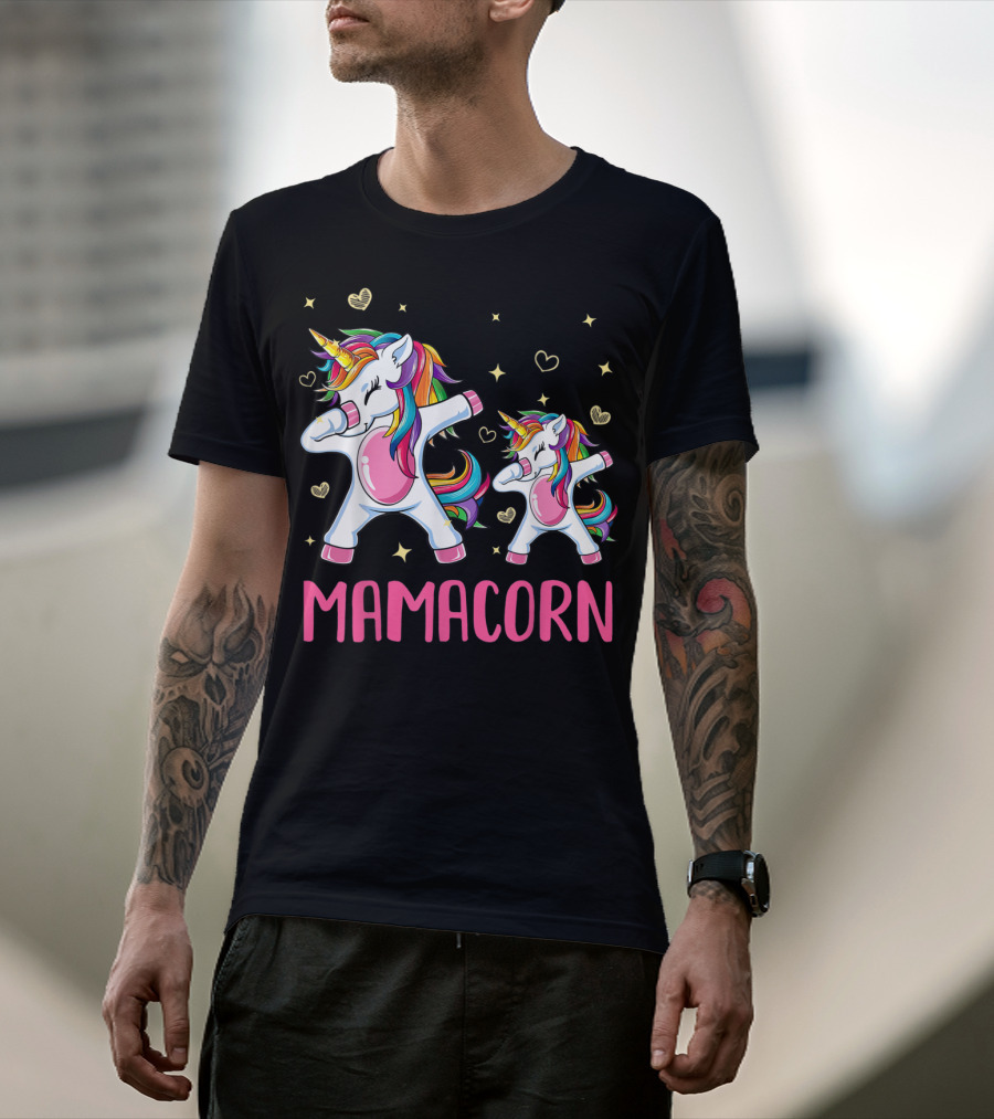 Colorful Dabbing Unicorns Mamacorn With Rainbow Hair And Hearts T-Shirt