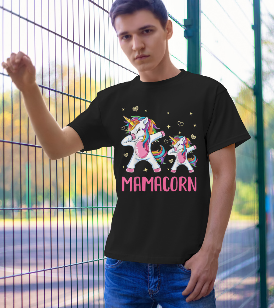 Colorful Dabbing Unicorns Mamacorn With Rainbow Hair And Hearts T-Shirt