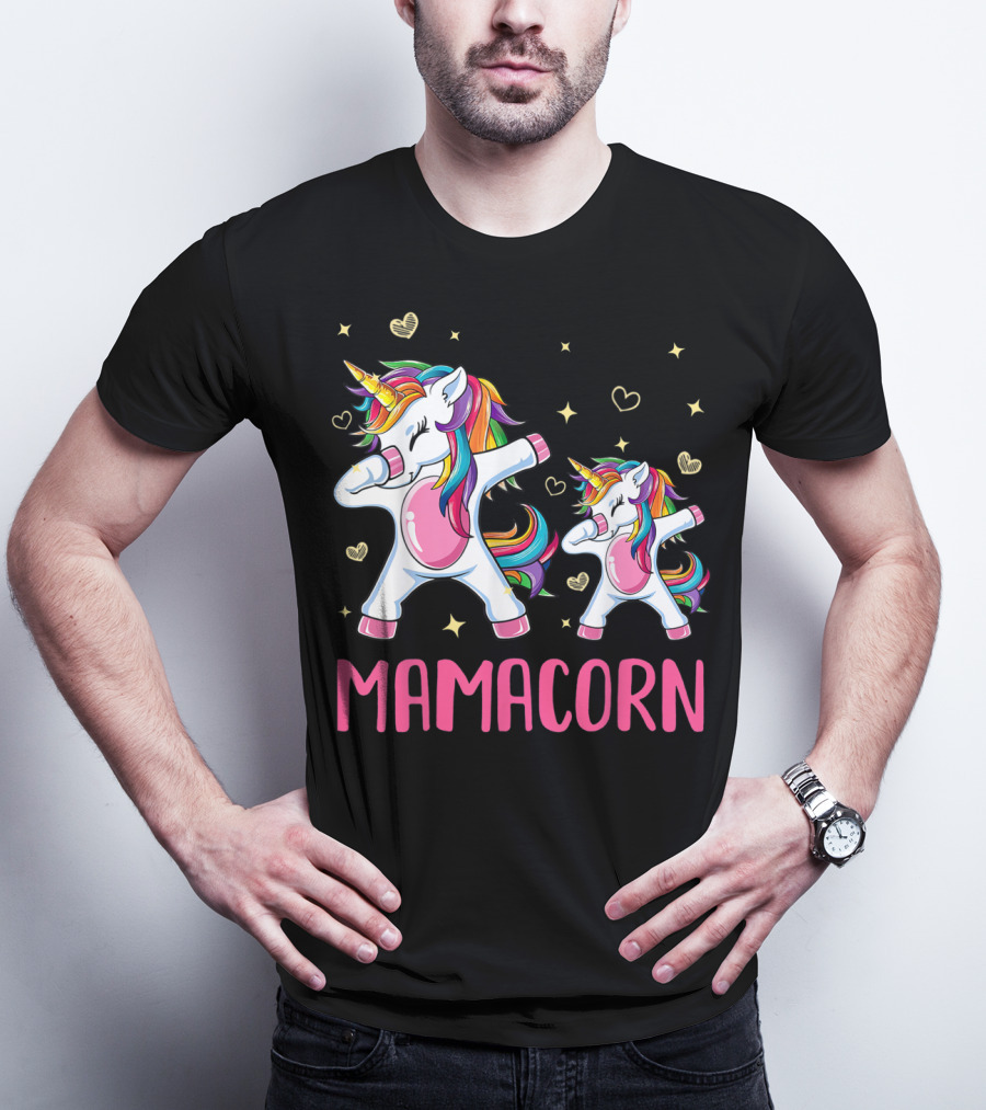 Colorful Dabbing Unicorns Mamacorn With Rainbow Hair And Hearts T-Shirt