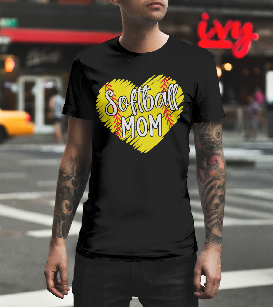 Softball Mom Heart Yellow Red Stitching Baller Mama T-Shirt