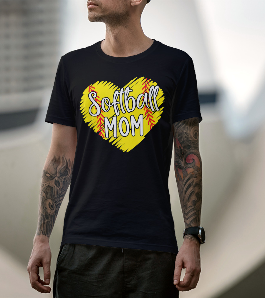 Softball Mom Heart Yellow Red Stitching Baller Mama T-Shirt