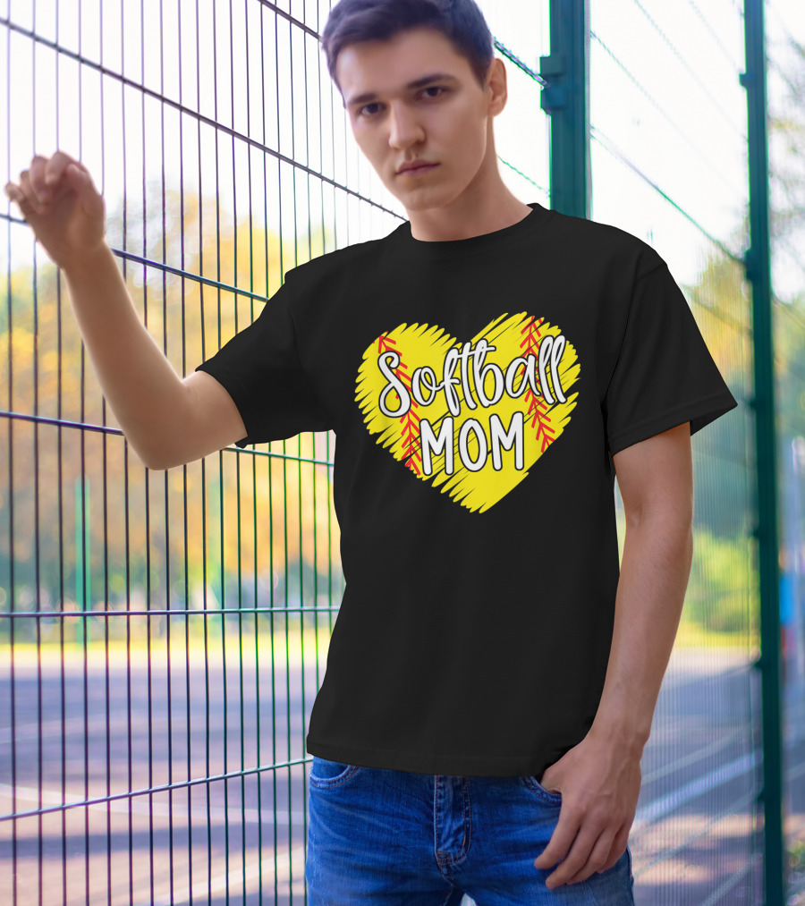 Softball Mom Heart Yellow Red Stitching Baller Mama T-Shirt
