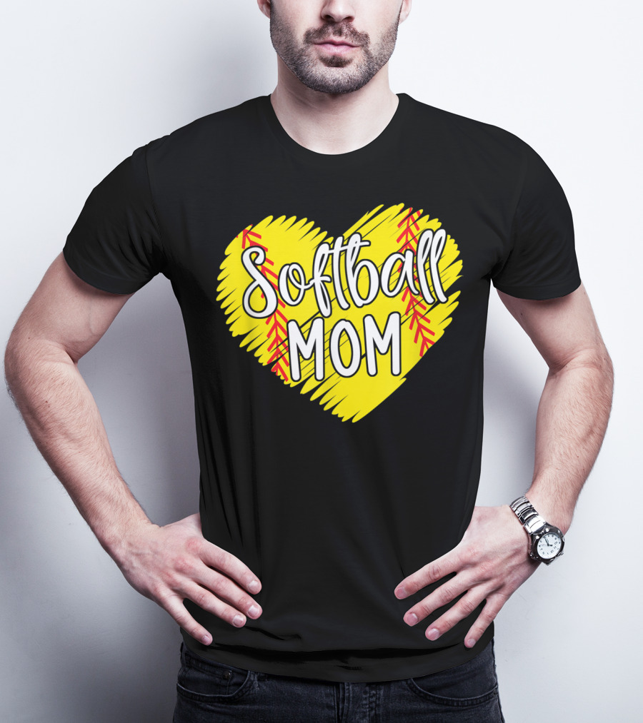 Softball Mom Heart Yellow Red Stitching Baller Mama T-Shirt
