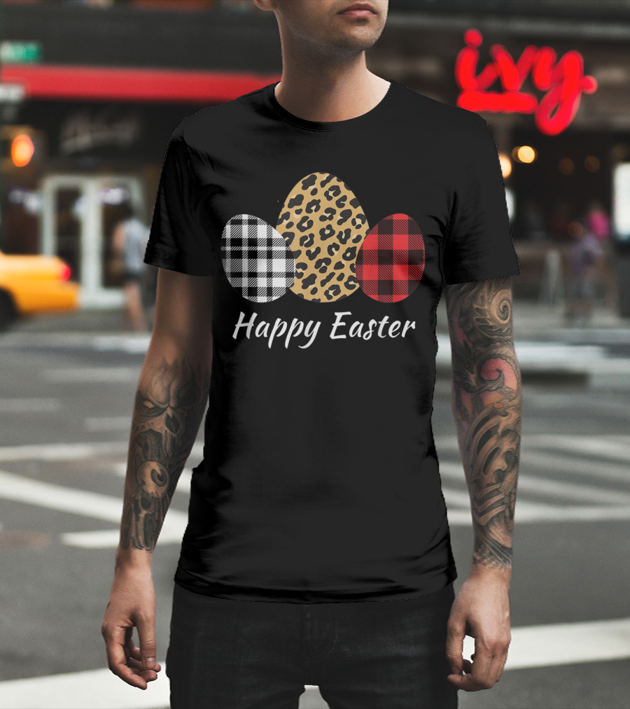 Happy Easter Eggs Buffalo Plaid Red Leopard T-Shirt