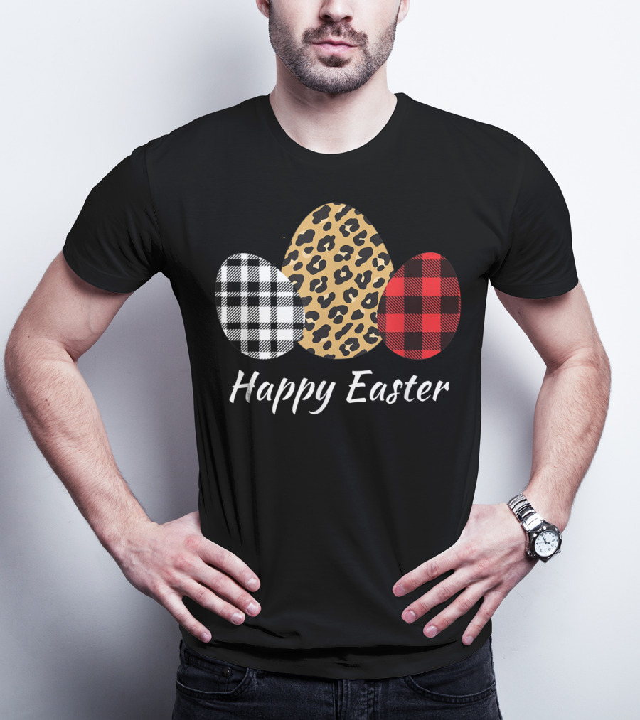 Happy Easter Eggs Buffalo Plaid Red Leopard T-Shirt