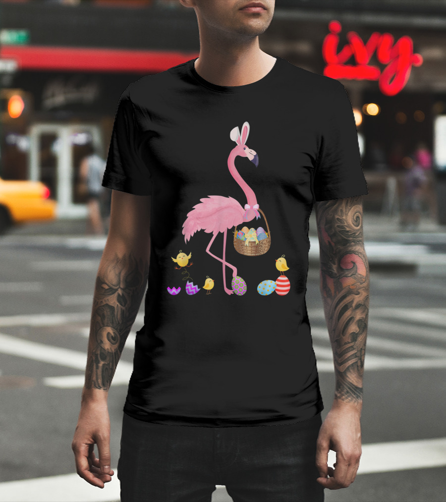 Pretty Easter Flamingo With Basket And Colorful Eggs T-Shirt