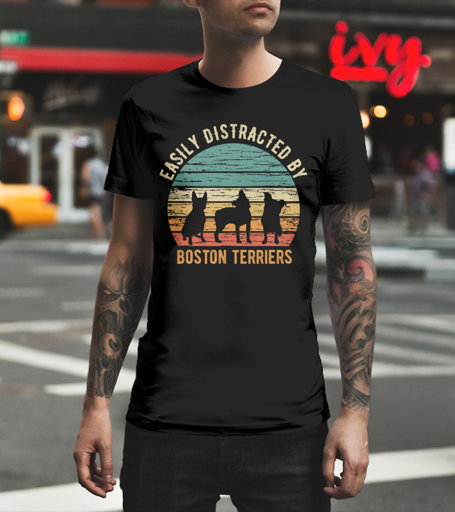 Easily Distracted By Boston Terriers Vintage Sunset T-Shirt