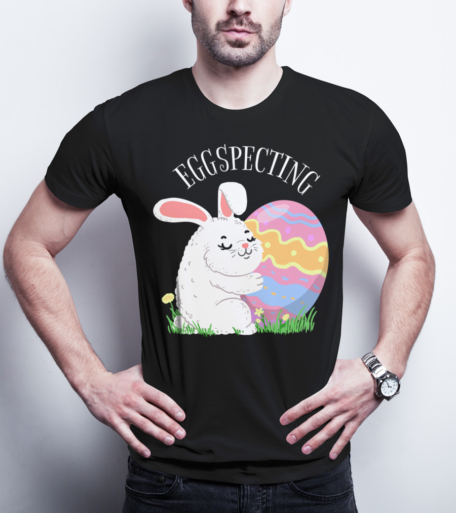 Eggspecting Easter Bunny Hugging Colorful Egg Pregnancy Announcement T-Shirt