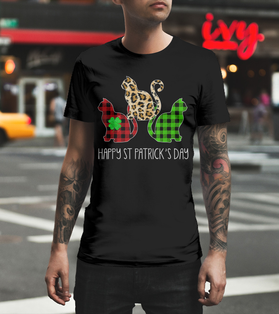 Happy St Patrick’s Day Leopard Buffalo Plaid Cat Trio T-Shirt