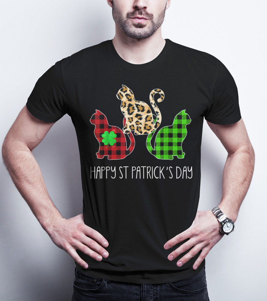 Happy St Patrick’s Day Leopard Buffalo Plaid Cat Trio T-Shirt