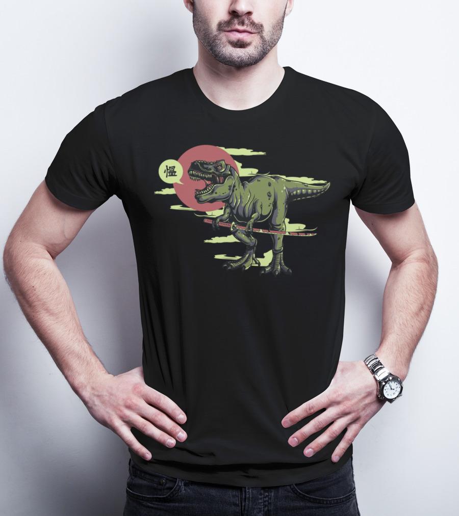 T Rex Dinosaur Samurai With Katana And Japanese T-Shirt