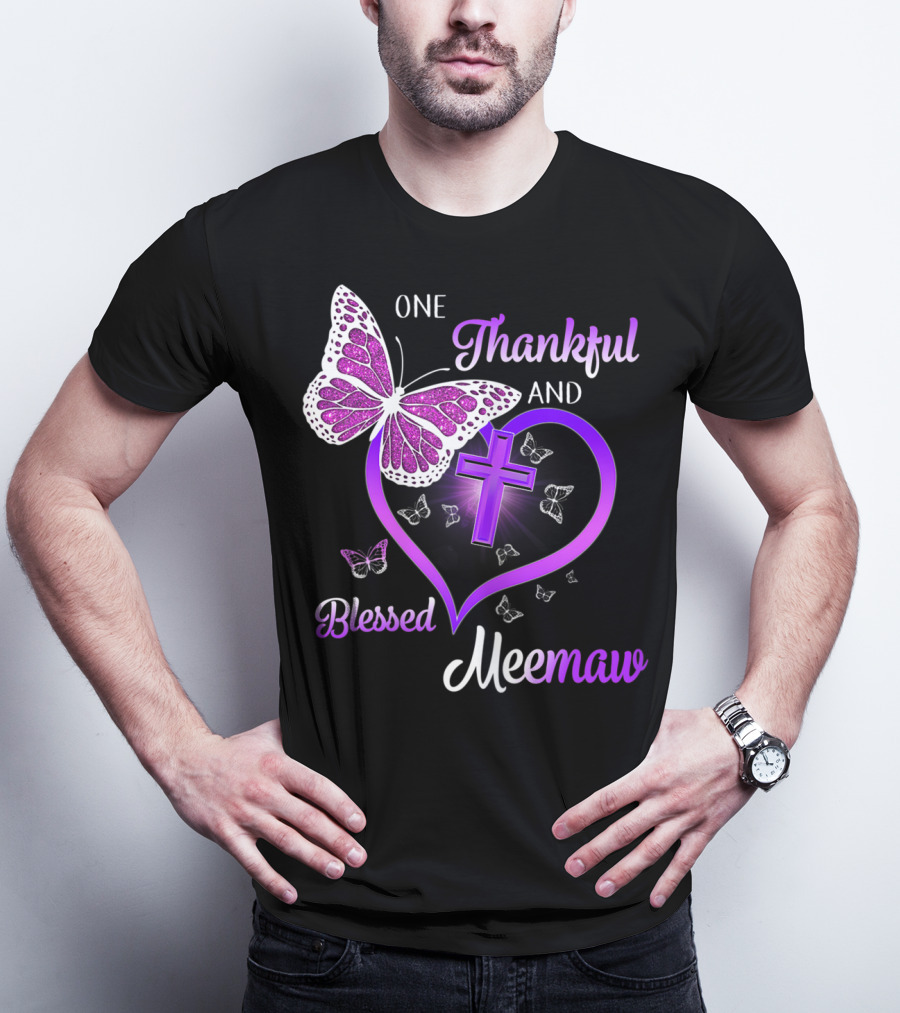 One Thankful And Blessed Meemaw Butterfly Cross Heart T-Shirt