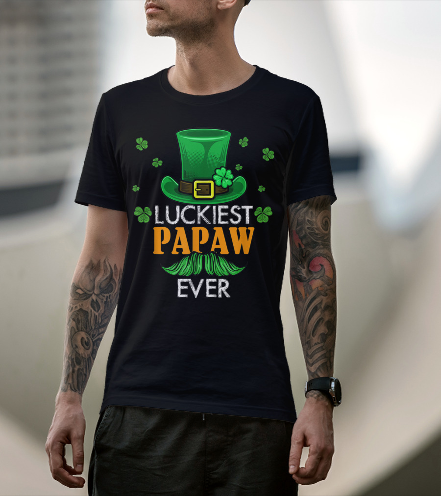 Luckiest Papaw Ever Green Leprechaun Hat Shamrocks T-Shirt