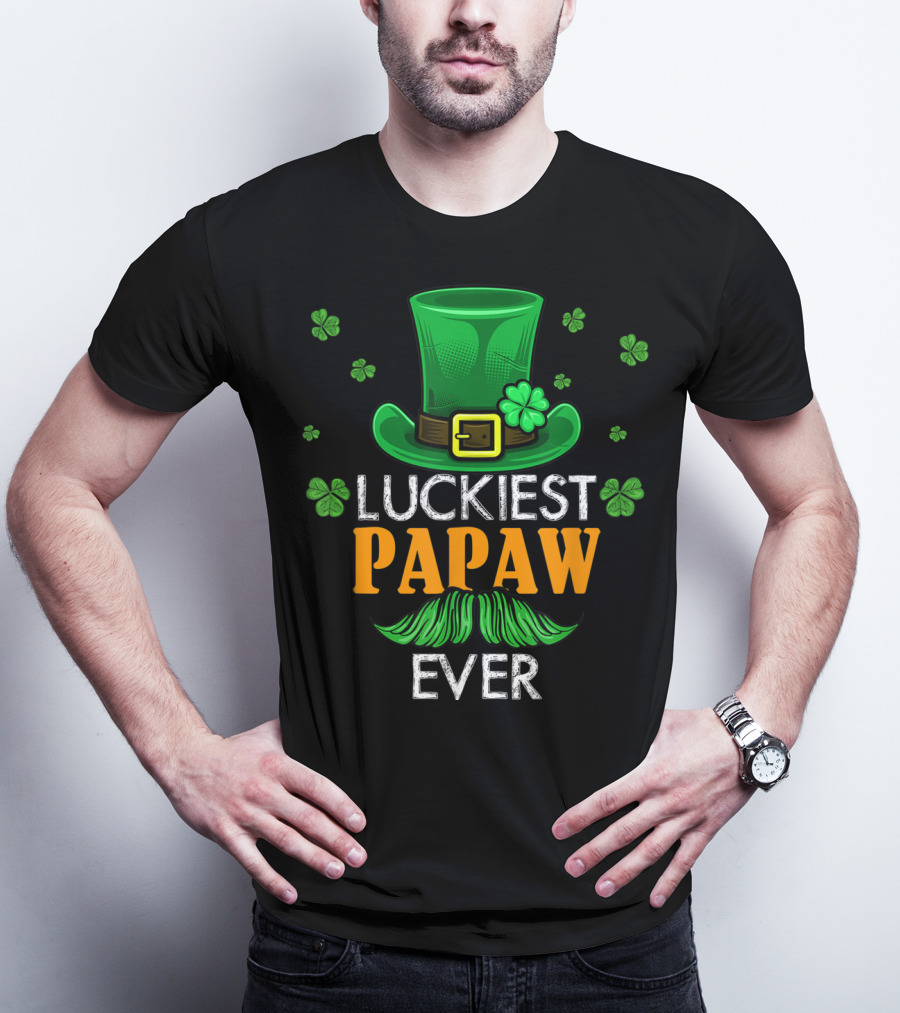 Luckiest Papaw Ever Green Leprechaun Hat Shamrocks T-Shirt