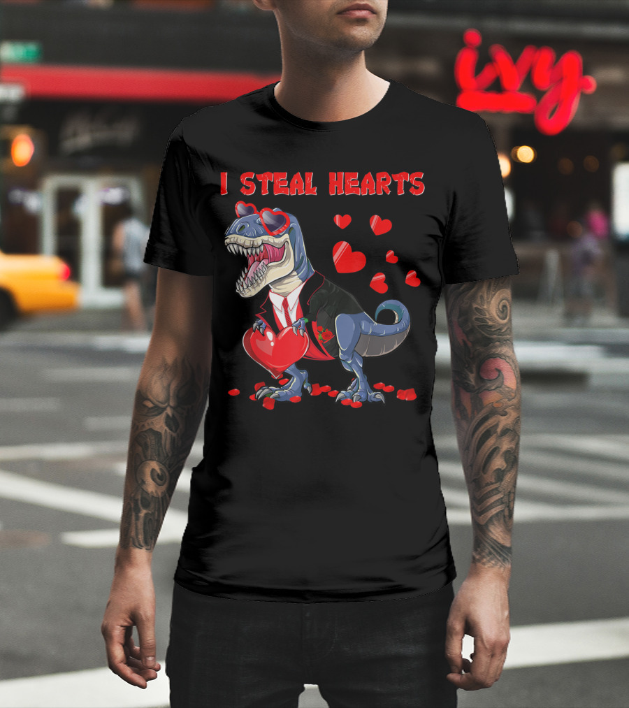 I Steal Hearts Valentines Day Dinosaur In Tuxedo With Hearts T-Shirt