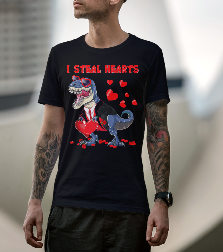 I Steal Hearts Valentines Day Dinosaur In Tuxedo With Hearts T-Shirt