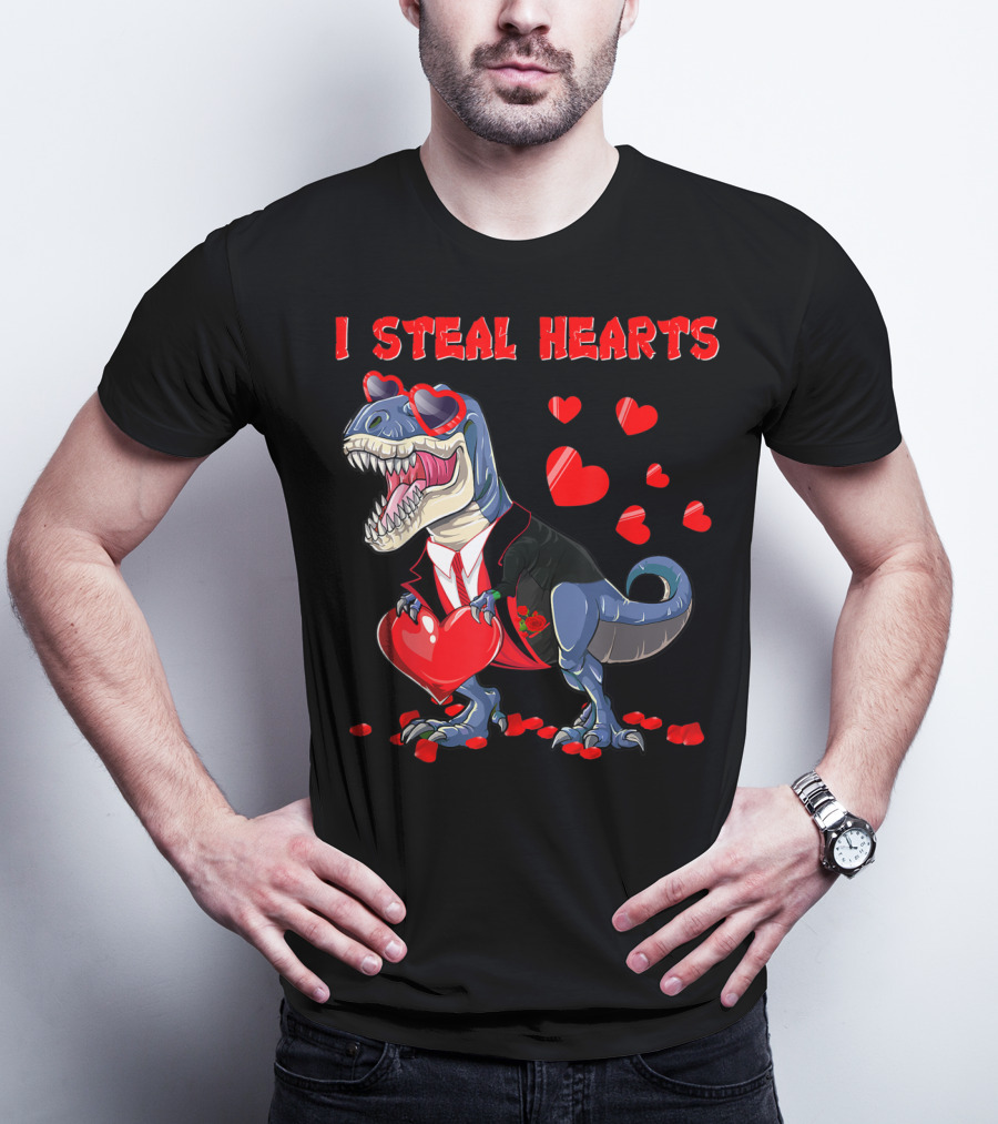I Steal Hearts Valentines Day Dinosaur In Tuxedo With Hearts T-Shirt