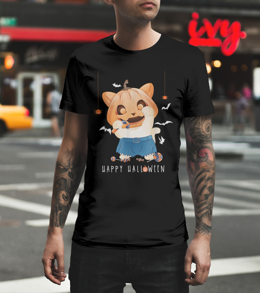 Happy Halloween Pumpkin Cat With Candy And Bats T-Shirt