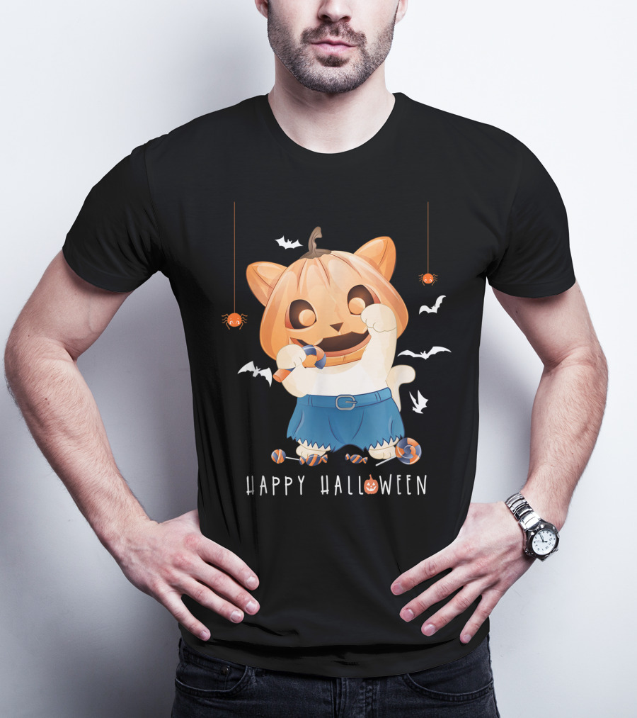 Happy Halloween Pumpkin Cat With Candy And Bats T-Shirt