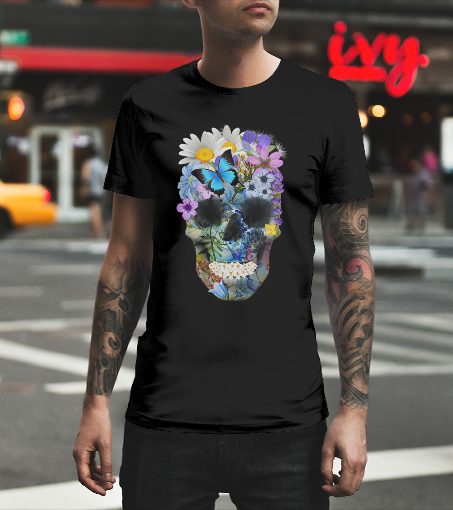 Halloween Floral Sugar Skull With Colorful Flowers And Butterfly T-Shirt
