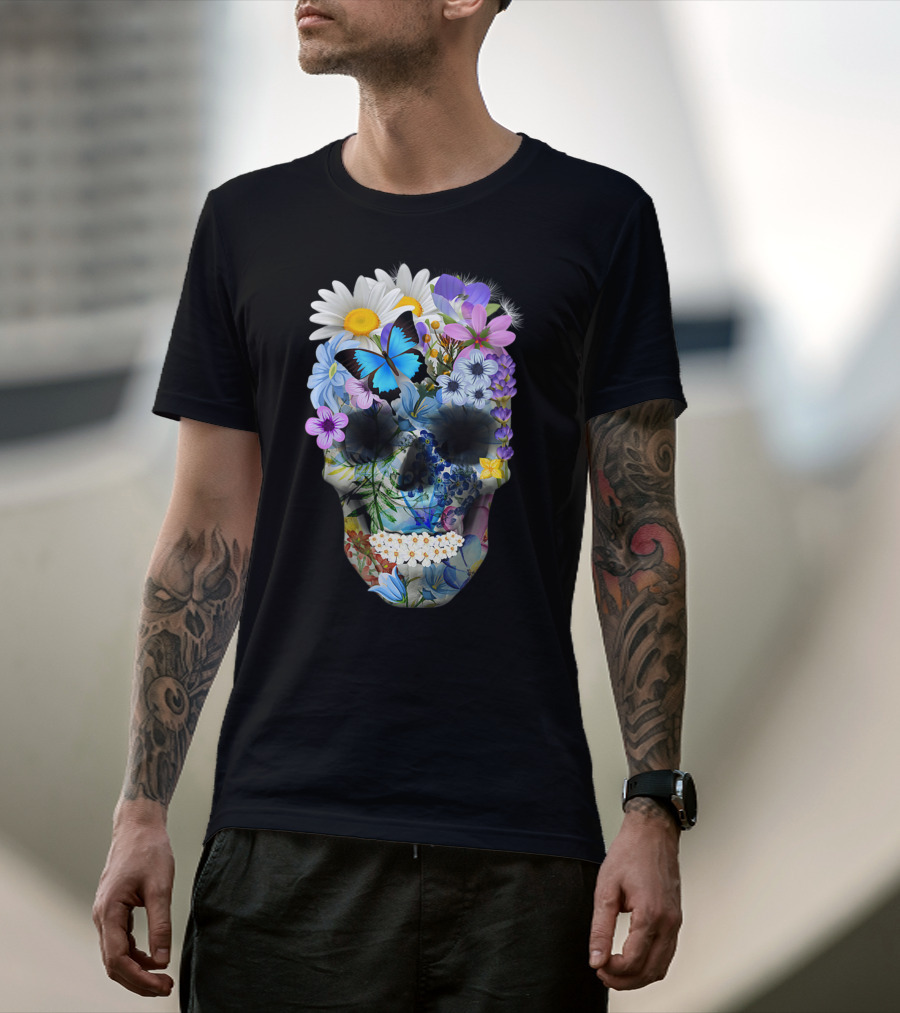 Halloween Floral Sugar Skull With Colorful Flowers And Butterfly T-Shirt