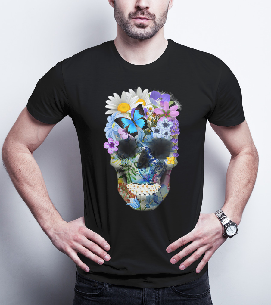 Halloween Floral Sugar Skull With Colorful Flowers And Butterfly T-Shirt