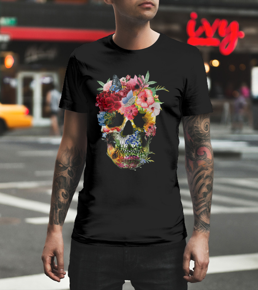 Floral Sugar Skull Butterfly Garden Bouquet T-Shirt