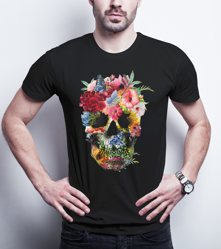 Floral Sugar Skull Butterfly Garden Bouquet T-Shirt