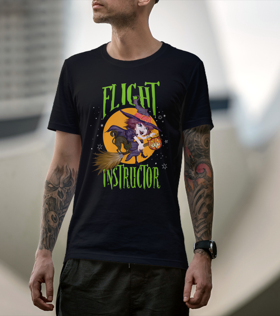 Flight Instructor Witch Broomstick Halloween Cat And Pumpkin Magic Stars T-Shirt