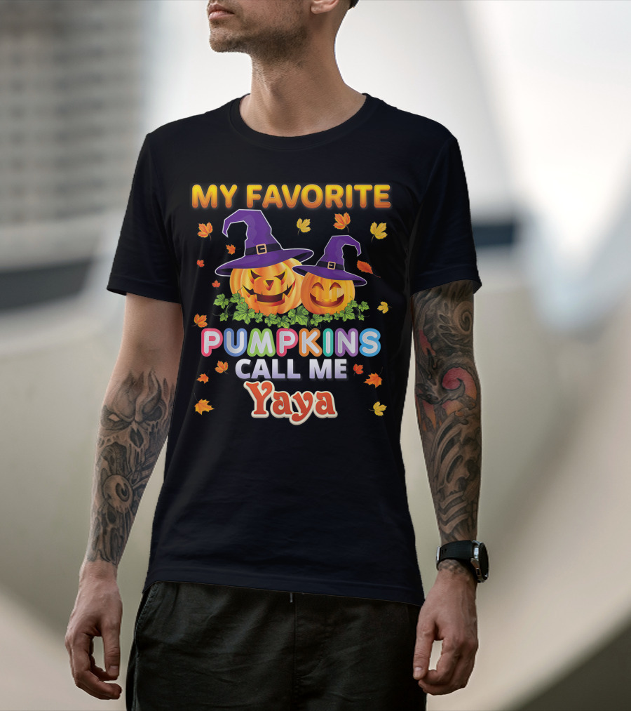My Favorite Pumpkins Call Me Yaya Halloween Jack O' Lanterns With Witch Hats And Autumn Leaves T-Shirt