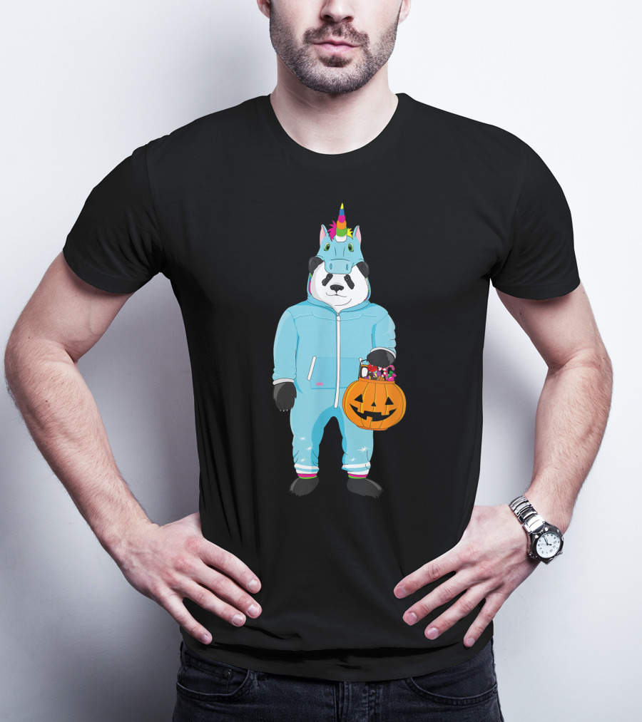 Panda Wearing Unicorn Costume Holding Spooky Pumpkin Lantern In Halloween T-Shirt