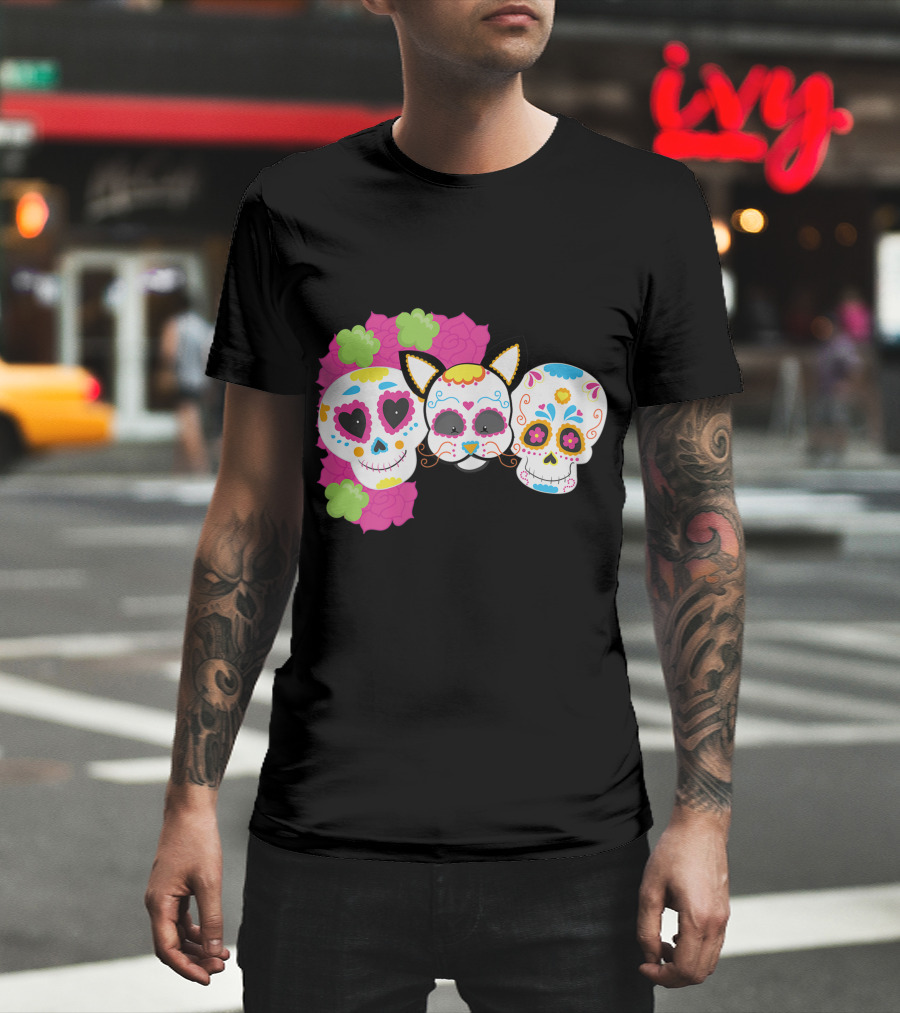 Sugar Skull Cat With Flowers Day Of Dead Floral Skulls T-Shirt