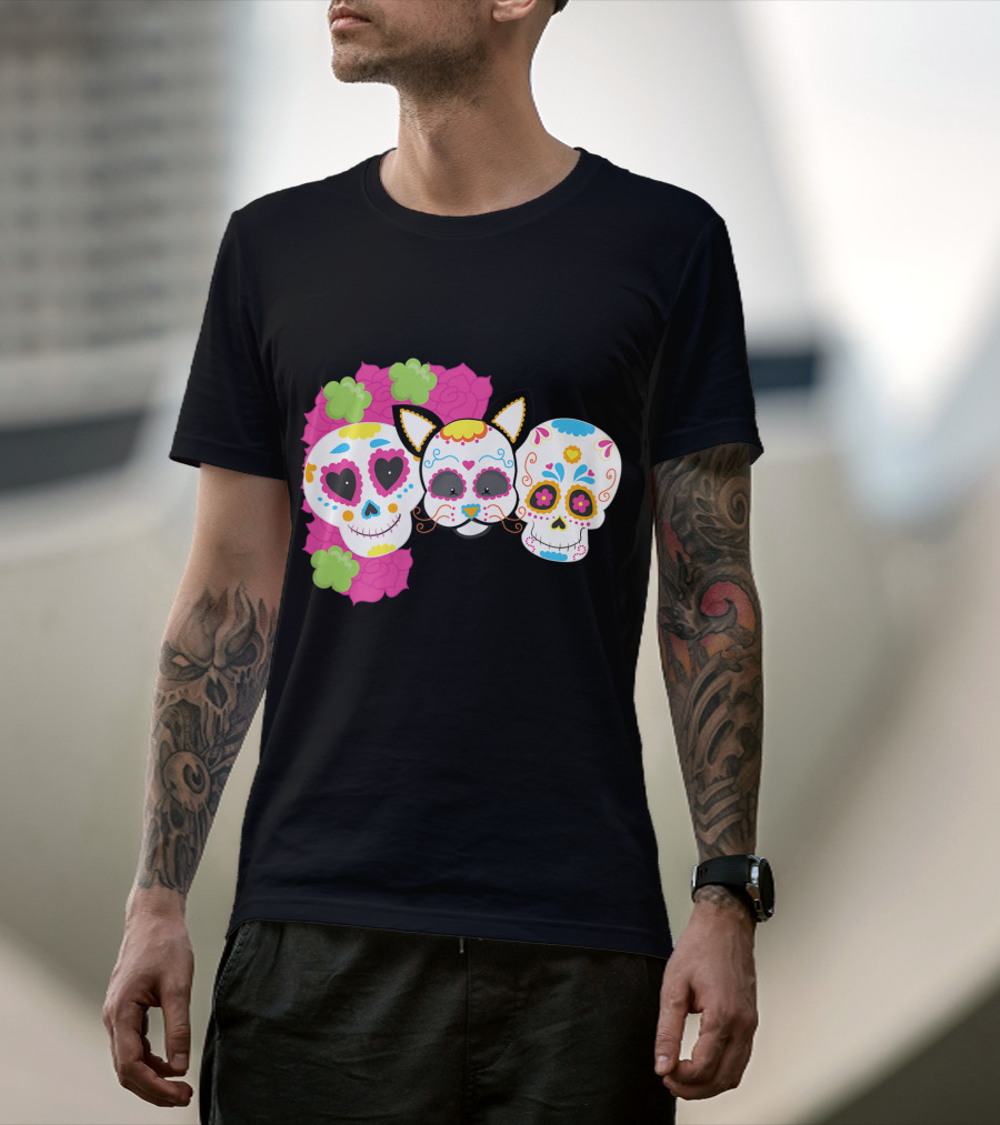 Sugar Skull Cat With Flowers Day Of Dead Floral Skulls T-Shirt