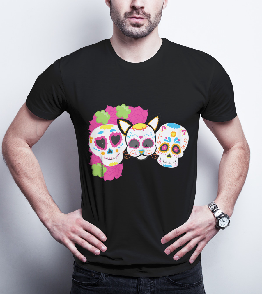 Sugar Skull Cat With Flowers Day Of Dead Floral Skulls T-Shirt