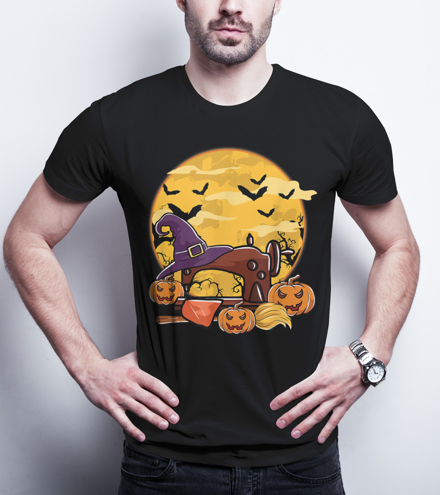 Spooky Sewing Machine With Halloween Pumpkins And Witch Hat In Full Moon Bat Swarm T-Shirt