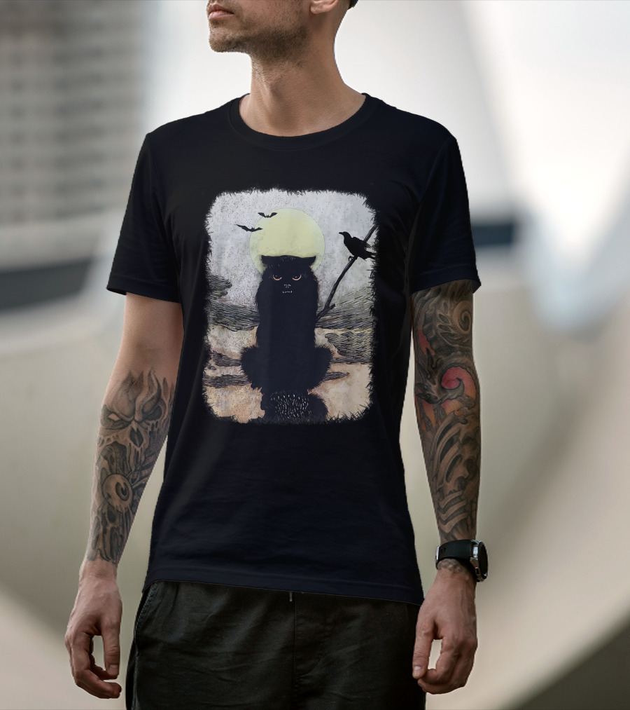 Moonlit Spooky Halloween Scary Black Cat With Bats And Crow T-Shirt