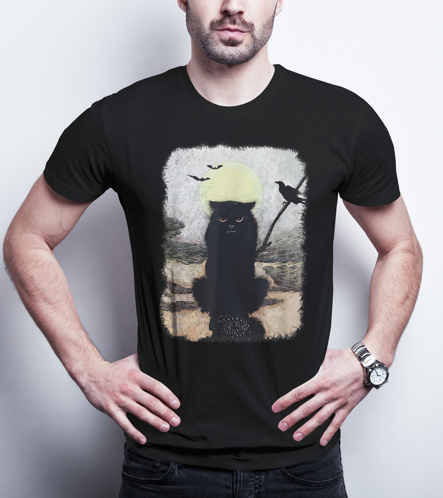Moonlit Spooky Halloween Scary Black Cat With Bats And Crow T-Shirt