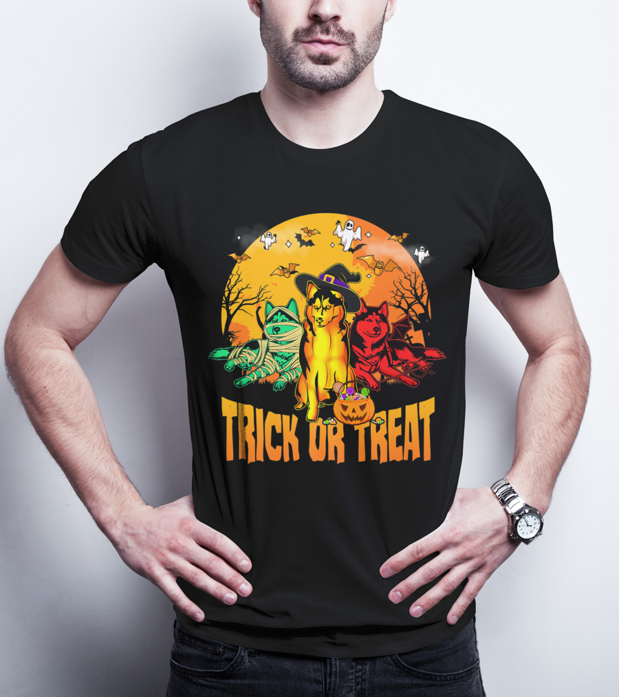 Trick Or Treat Siberian Husky Halloween Ghosts Pumpkins And Bats T-Shirt
