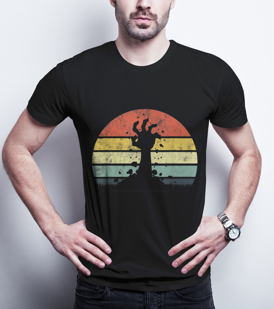Vintage Retro Scary Zombie Hand Rising In Striped Sunset Background T-Shirt