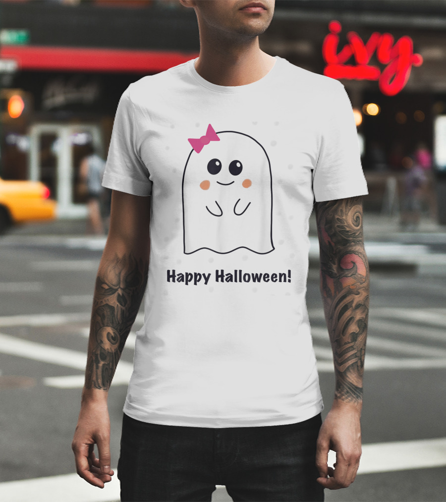 Happy Halloween Cute Ghost With Pink Bow T-Shirt