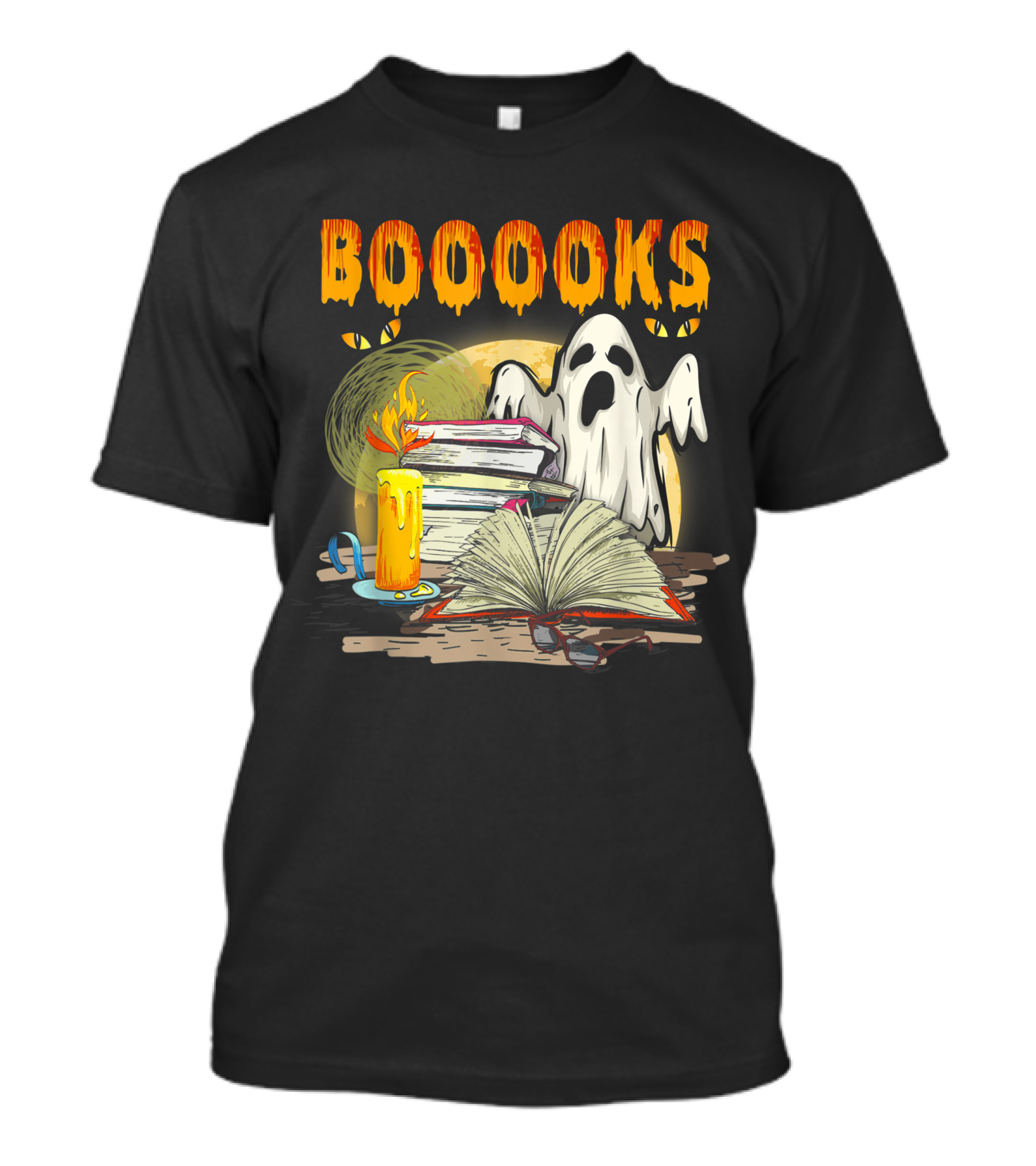 BOOOOKS Cute Ghost With Candles And Stacks Of Books T-Shirt